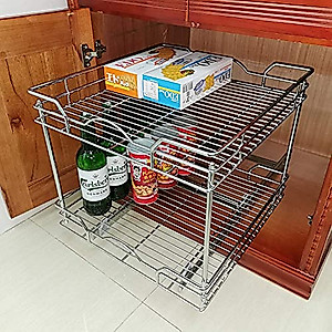 OCG Pull Out Drawer Cabinet Organizer（20" W x 18" D x 16.4" H, 2 Tier Heavy Duty Slide Out Kitchen Cabinet Storage Shelves, Sliding Drawer for Cabinet, Wire Frame, Chrome Finish