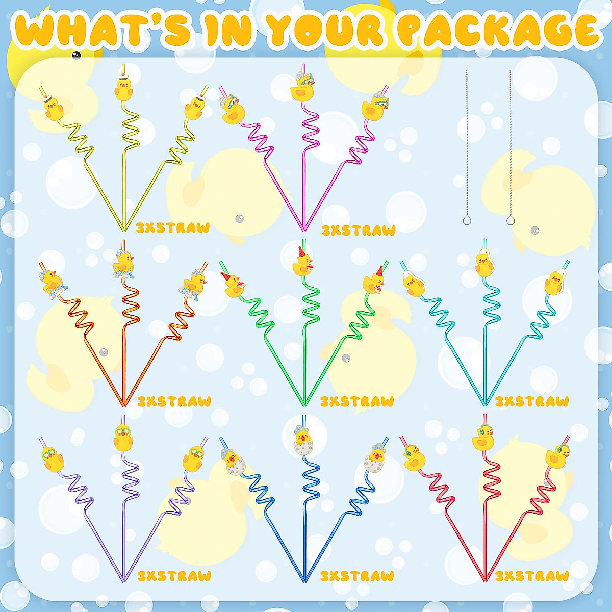 24 Pcs Duck Straws Duck Birthday Party Favors Duck Drinking Straws with 2 Pcs Cleaning Brushes Yellow Duck Theme Reusable Plastic Silly Straws for Kids Birthday Party Supplies, 8 Designs