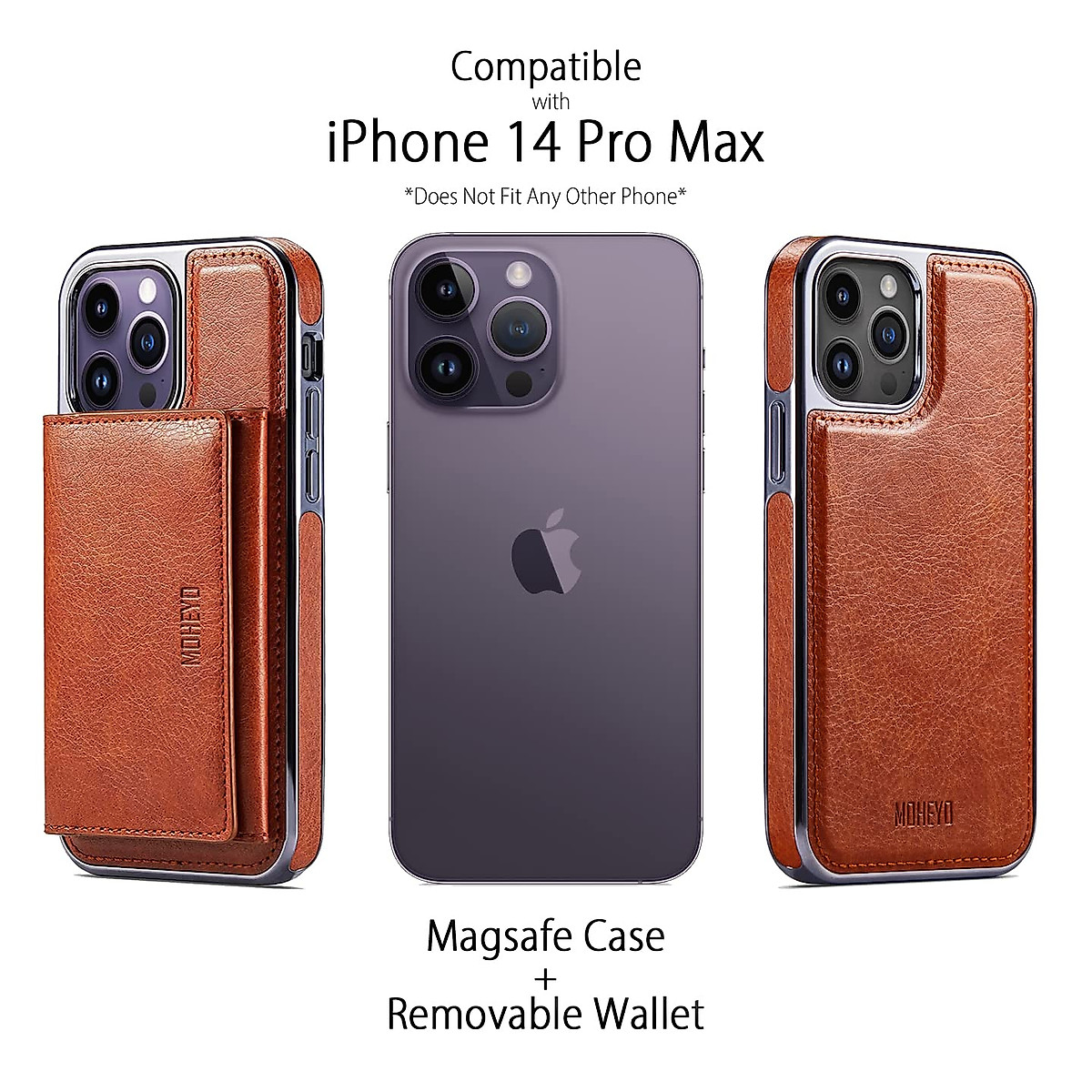 MOHEYO Designed for iPhone 14 Pro Max Case Compatible with MagSafe Removable Wallet Card Holder Magnetic Slim Thin Vegan Leather Cover (Brown)