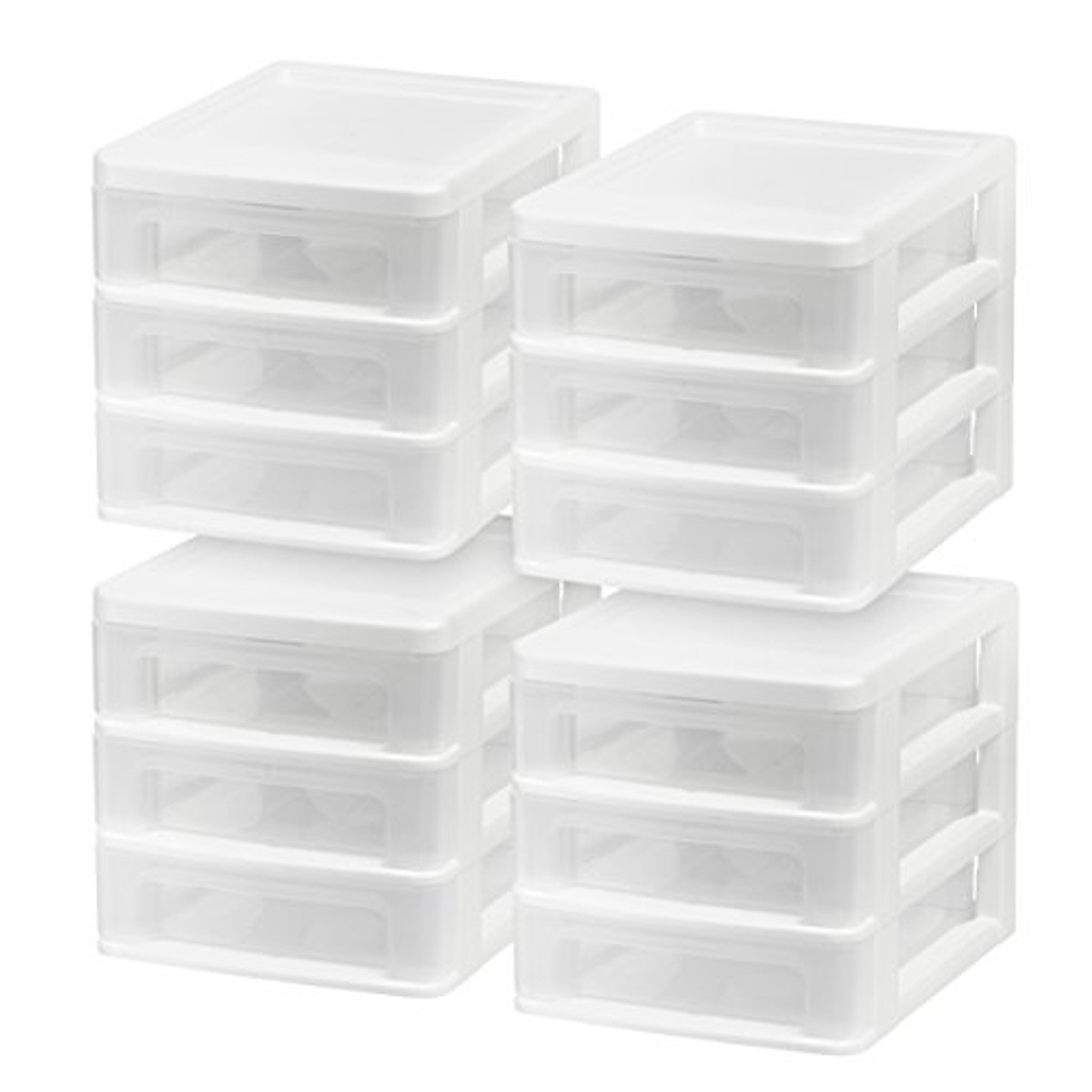 IRIS USA, Inc.IRIS USA Plastic 3-Drawer Desktop Organizer, White, 4 Pack & IRIS USA 24 Drawer Stackable Storage Cabinet for Hardware Crafts and Toys, 19.5-Inch W x 7-Inch D x 15.5-Inch H, Black