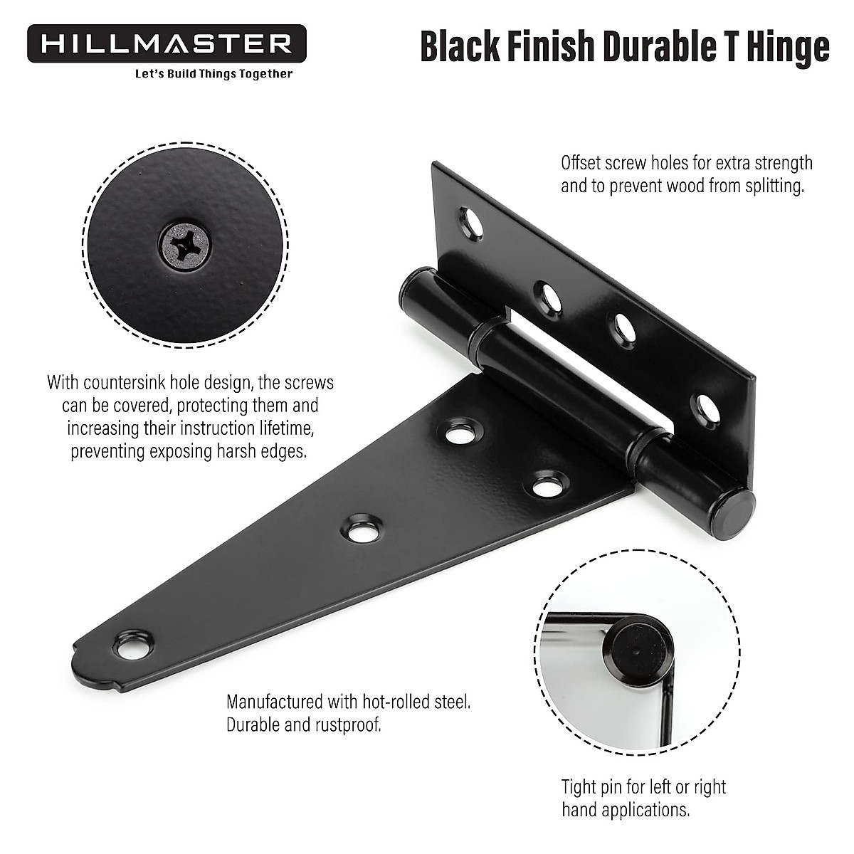 HILLMASTER 6 Inch T-Strap Heavy Duty Shed Door Hinges Gate Strap Hinges Black Tee Hinge Wrought Hardware for Wooden Fences,Yard,Barn Door,Rustproof(2 Pack)