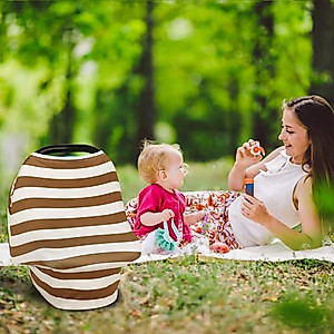 Baby Carseat Nursing Cover - Car Seat Cover for Baby Boys & Girls - All-in-1 Breastfeeding Covers - Stripe Multi Use Stretchy Stroller Covers - Storage Bag, Brown&Cream…