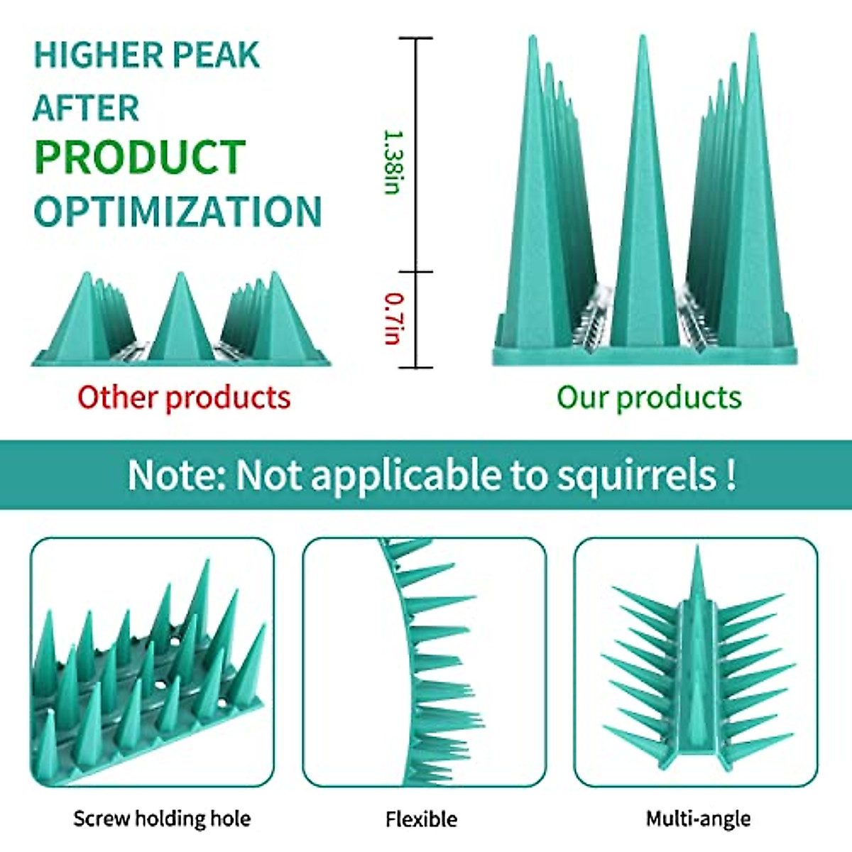 TAISHAN Bird Spikes,10 Pack Plastic Squirrel Raccoon Pigeon Cat Animal Deterrent Spikes for Anti Outdoor Outside to Keep Birds Away,Anti Fence Railing and Roof, Green