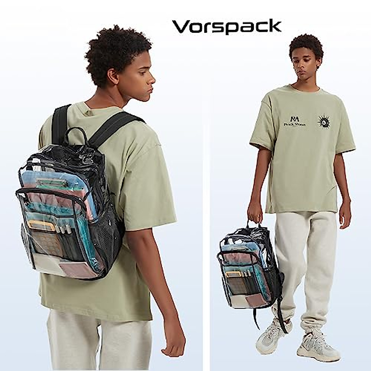 Vorspack Clear Backpack Heavy Duty - Clear Book Bag with Multi-pockets Large See Through Backpack for College Workplace - Black