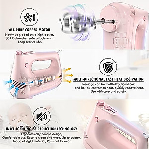 GUALIU Electric Hand Mixer with Stainless Steel Egg Beater, Dough Hook Attachment and Storage Bag Compact Lightweight Hand Mixer for Baking Cakes, Eggs, Cream Food Mixers. Turbocharged /5 Speed + Eject Button Kitchen Blender PINK