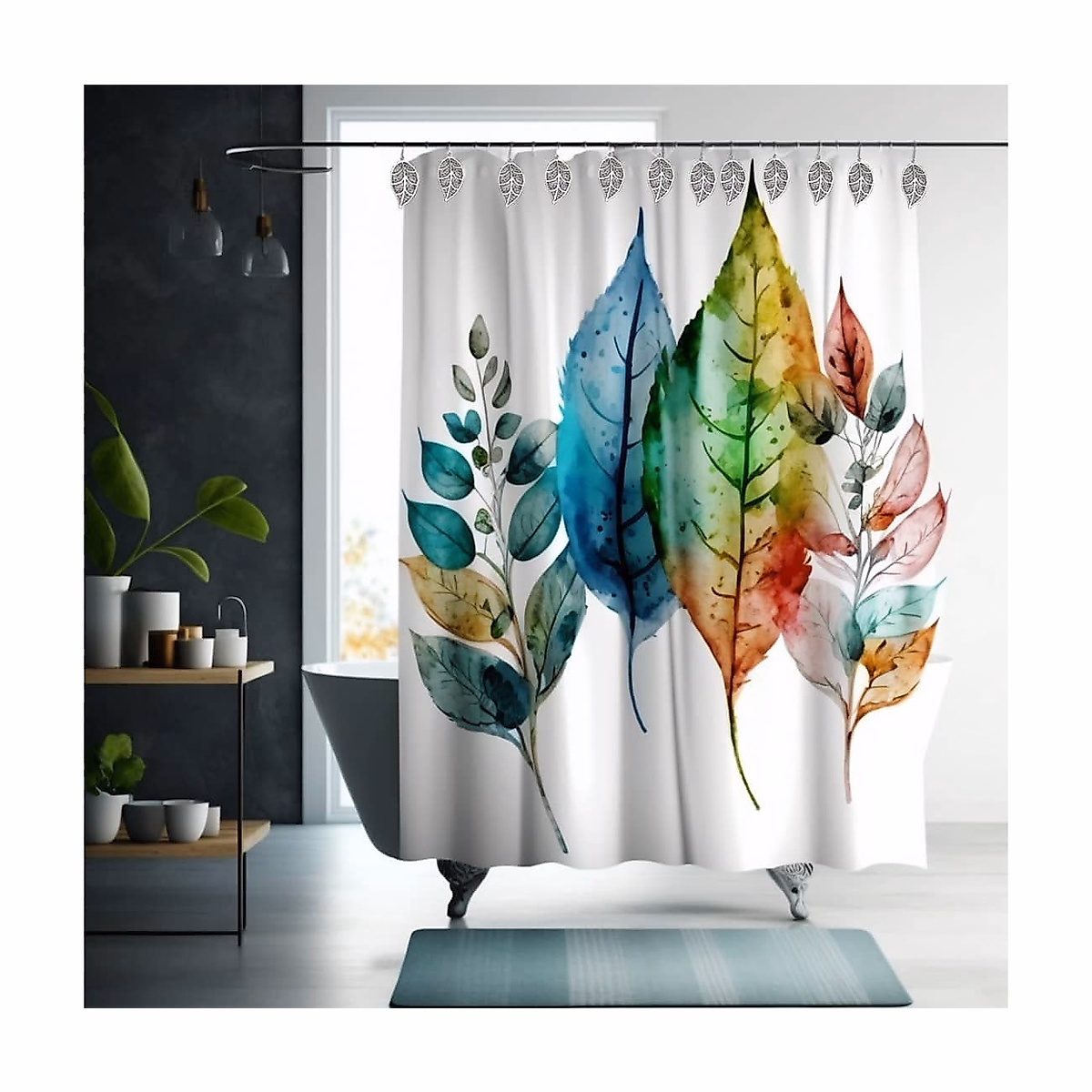 Yuiviot Shower Curtain Hooks Rings【12pack】, Silver Leaves Decorative Alloy Pendants, Rust Proof Stainless Steel Hooks for Bathroom Rod, Anti-Corrosion Hanger, Nickle Brushed Heavy Duty Roller