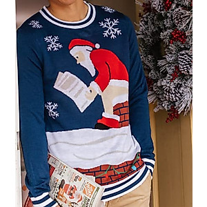 Tipsy Elves Men's Blue Santa Log on The Fire Ugly Christmas Sweater Size Small