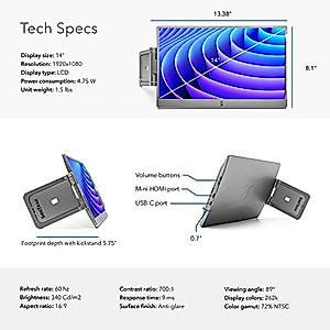 SideTrak Swivel 14” Patented Attachable Portable Monitor for Laptop | FHD TFT USB Laptop Dual Screen | Mac, PC & Chrome Compatible | Fits All Laptops | Powered by USB-C or Mini HDMI (Dark Gray)