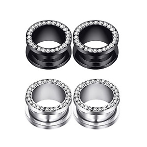 Longbeauty 4Pcs Black and Silver Stainless Steel with Zircon Stretcher Plugs Tunnels 0g