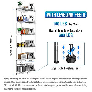 6 Tier NSF Corner Wire Shelf Shelving Unit, 20 x 20 x 72 Inch 600lbs Capacity Heavy Duty Adjustable Metal Storage Rack with Leveling Feet & Shelf Liners for Office Kitchen Bathroom and More - Chrome