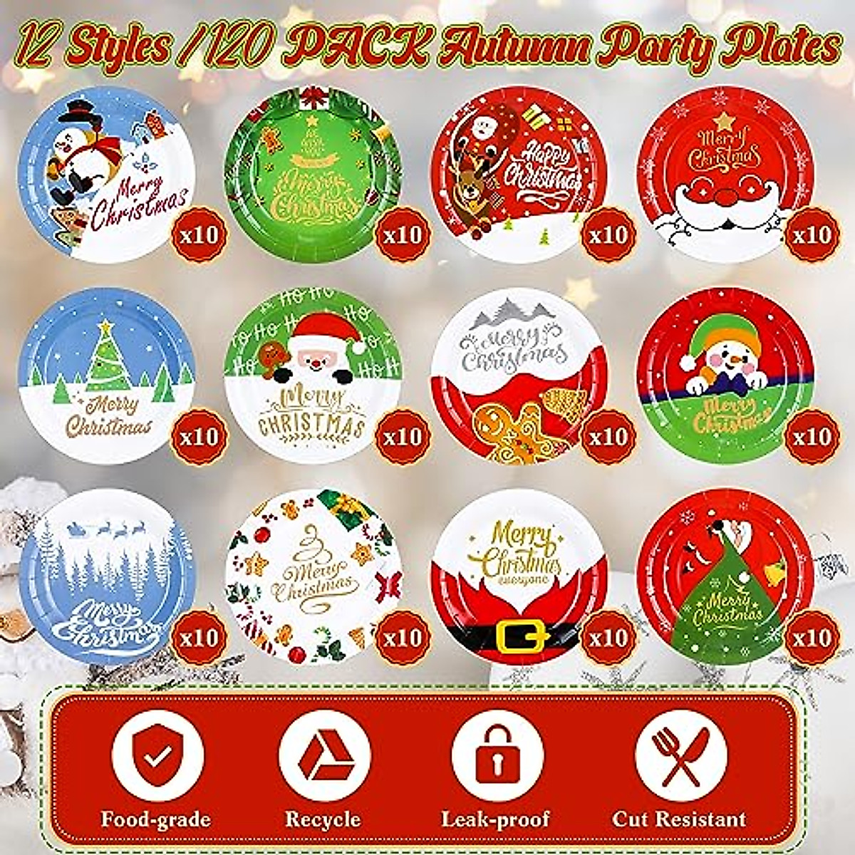 Sliner 120 Pcs 9 Inch Christmas Paper Plates Round Christmas Dinner Plates Cute Snowman Santa Themed Disposable Plates Dinnerware Plates for Xmas Winter Season Holiday Party Baking Cookie Dishware