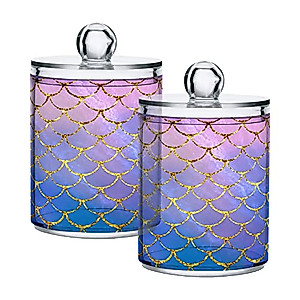 xigua 2 Pack Colored Fish Scales Apothecary Jars with Lid, Qtip Holder Storage Containers for Cotton Ball, Swabs, Pads, Clear Plastic Canisters for Bathroom Vanity Organization (10 Oz)