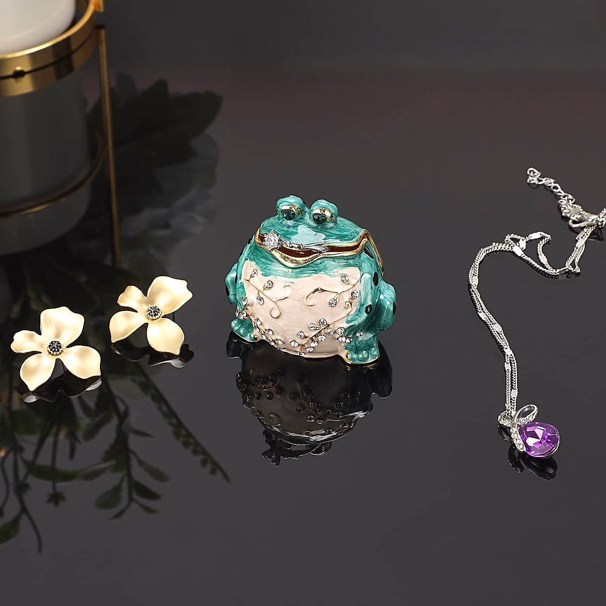 ELLDOO Mini Frog Trinket Box, Metal Enameled Decorative Box Ring Earrings Jewelry Organizer, Figurine Collectable Keepsake Home Decor