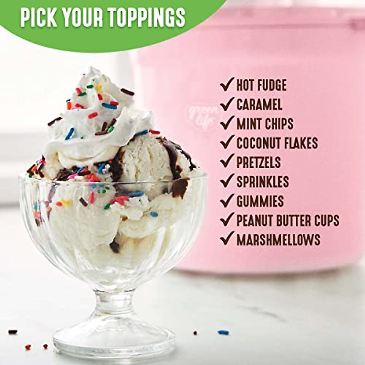 GreenLife 1.5QT Electric Ice Cream, Frozen Yogurt and Sorbet Maker with Mixing Paddle, Dishwasher Safe Parts, Easy one Switch, BPA-Free, Pink