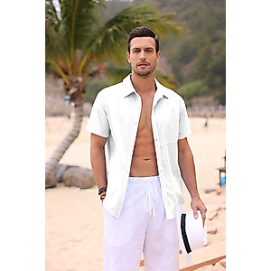 Pengfei Men's Short Sleeve Shirt Linen Cotton Button Down Tees Spread Collar Plain, White, Large