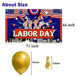 Labor Day Backdrops with 60 pcs Colorful Latex Balloons, Red Happy Labor Day Backdrop Banner Sign Hanging Fabric Photography Background Board Flag Photo Booth Prop Wall （71x44 Inch）-A