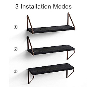 Love-KANKEI Floating Shelves Rustic Shelves Wall Mounted Set of 3 Wall Storage Shelves for Living Room, Bedroom, Kitchen Black/Brown Brackets