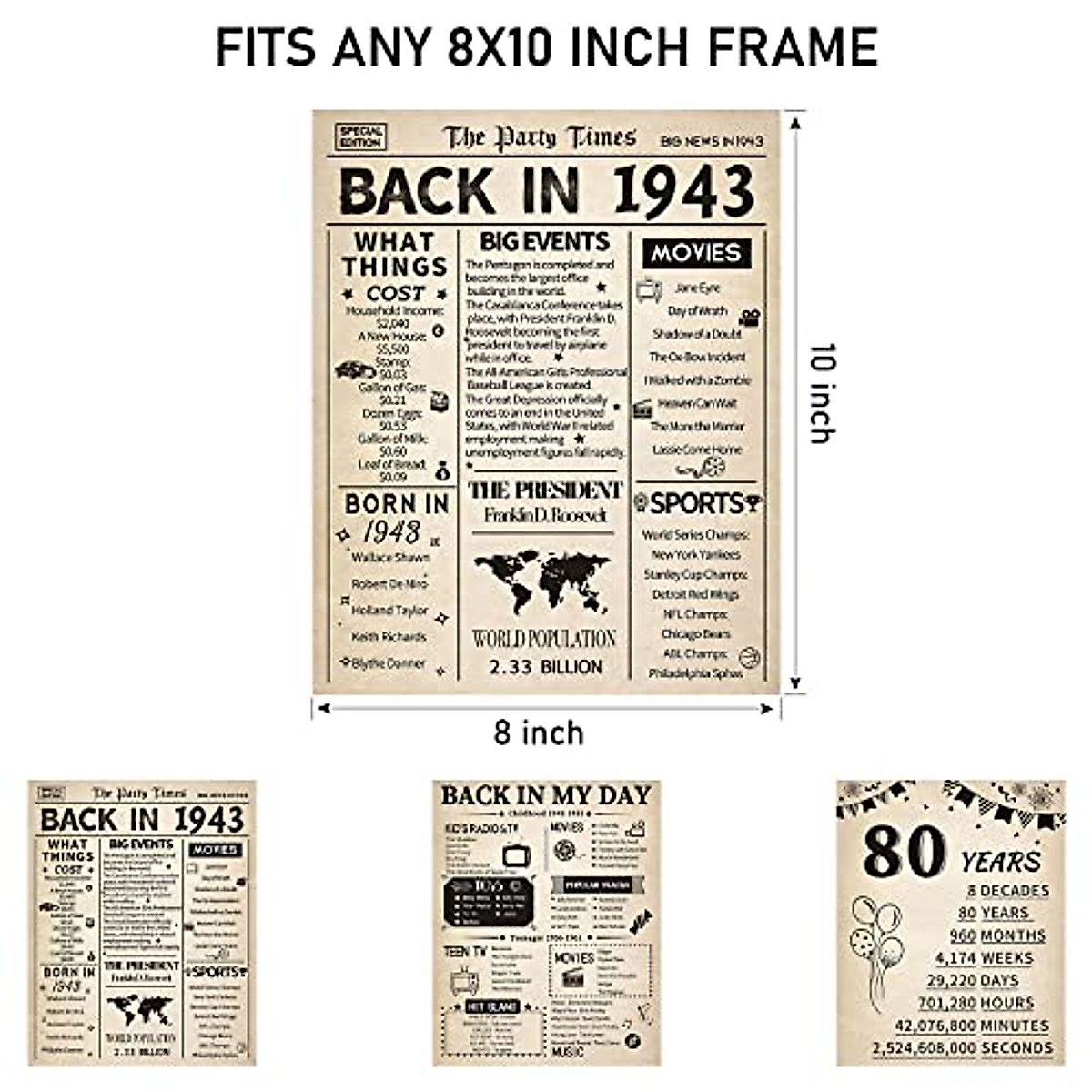 HOMANGA 80th Birthday Decorations for Men and Women, 3 Pieces Vintage 80th Birthday Anniversary Posters, Back in 1943 Party Decoration Supplies, 80th Gifts for Men and Women 8x10 Inch