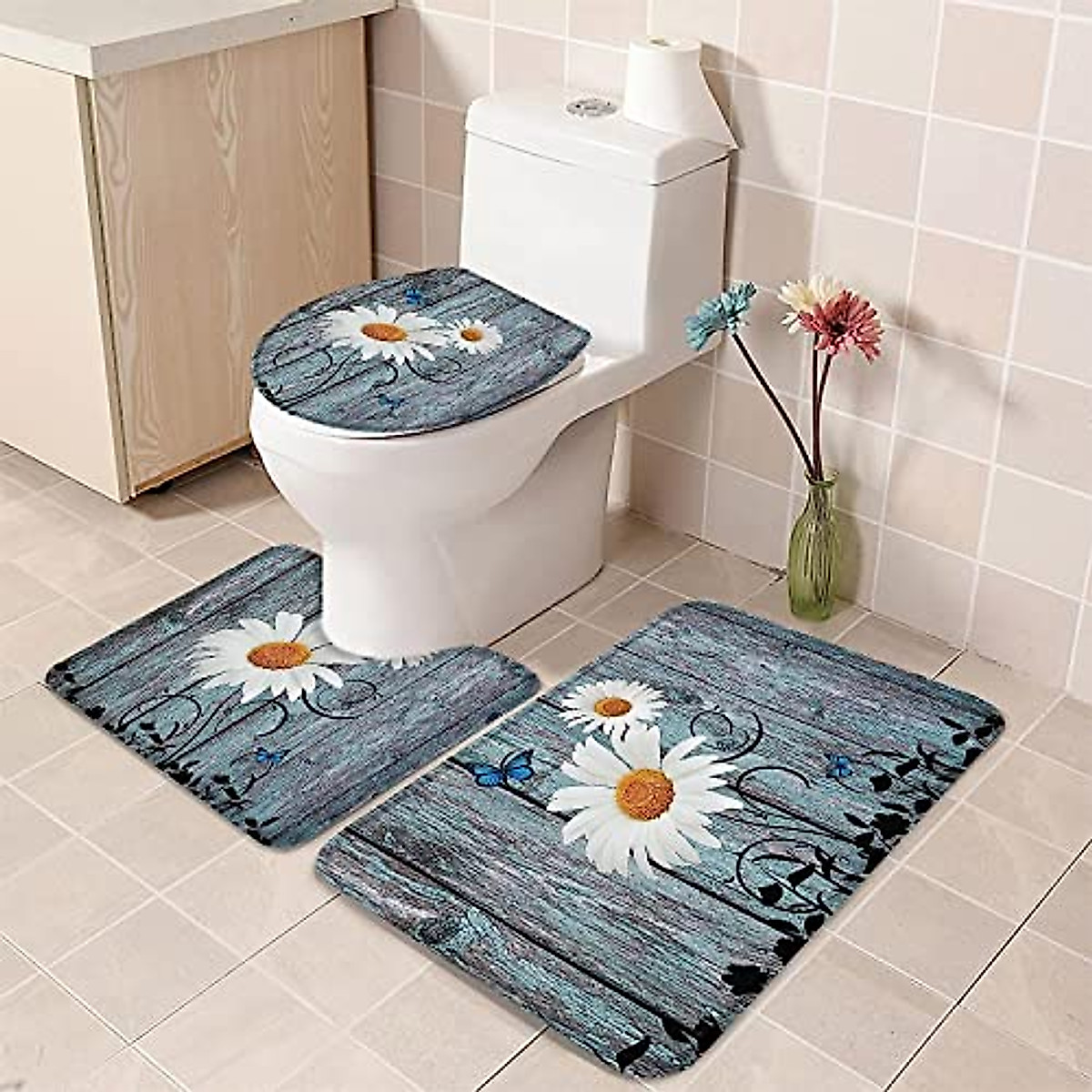 Apular Fashion 3 Piece Bath Rugs Set Rustic Floral Yellow Daisy Butterfly on Rustic Blue Wooden Non Slip Ultra Soft Bathroom Accessories Mats, U Shape Mat and Toilet Lid Cover Mat Bath Mats