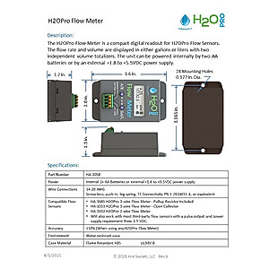Flow Meter Including Flow Sensor, Digital Display, Flow and Accumulated Volume Measurements in Gallons or Liters, 2 AA Batteries or 1.8-5.5VDC External Power Supply, New! Longer Battery Life