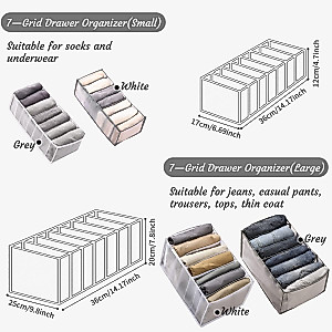 Aposemo Clothes Organizer Drawers Wardrobe Compartment Separation Underwear Portable 7 Grids Storage Box Mesh Washable (2 Pcs Grey Small+Grey Large)
