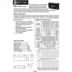 ML1.3-6 - 6 Volt 1.3 AH, F1 Terminal, Rechargeable SLA AGM Battery