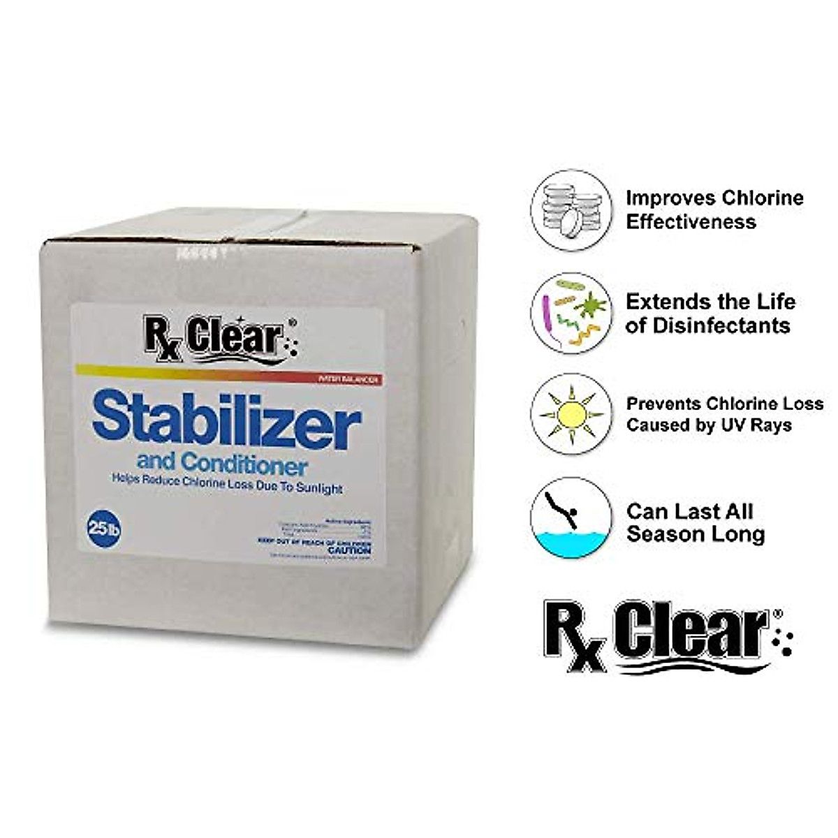 Rx Clear Swimming Pool Stabilizer and Conditioner | Water Balancer | Cyanuric Acid for Swimming Pools | Longer Lasting Sanitation | Helps Reduce Chlorine Loss Due to Sunlight | 25 Pounds