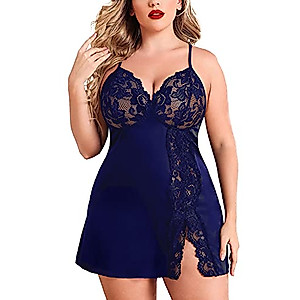 Avidlove Sexy Plus Size Lingerie For Women Lace Nightgown Satin Babydoll Sleepwear Sets Navy Blue 18W
