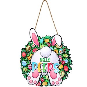 Jetec Happy Easter Wooden Hanging Sign Wreath Bunny Tail Door Sign Welcome Spring Wooden Plaque Wreath Rustic Wall Sign Yard Indoor Outdoor Garden Decoration with Rope, 10.5 x 9.5 Inch