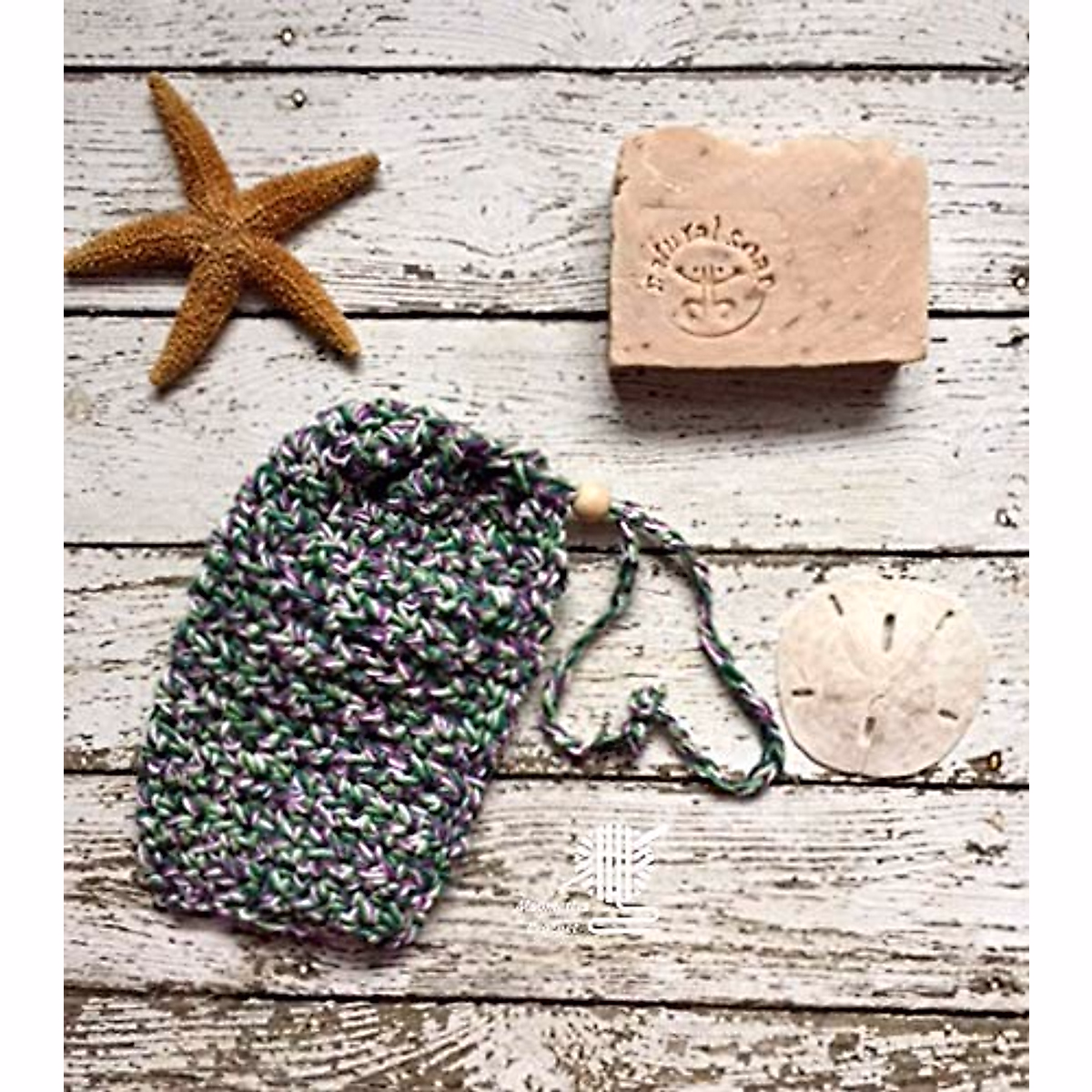 Handmade Soap Bag Purple Green Soap Holder Cotton Drawstring Bag Hanging Soap Saver Cozy Spa Shower Bath Crochet Washcloth