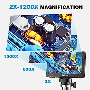 Leipan DM9H HDMI Coin Microscope with 7" IPS Screen,1200X Magnification Soldering Microscope,Longer 8.5" Stand,Digital Microscope with 32GB Card,Windows/Mac/TV Compatible