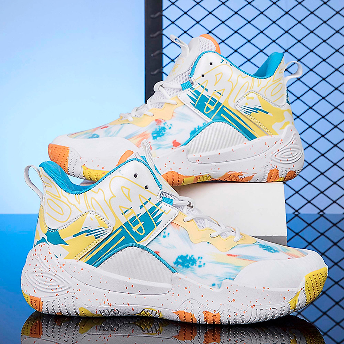 WURTON Women Men Basketball Shoes Fashion Running Sneakers Graffiti Style Sport Shoes Low-top Lace-up Breathable Combat Shoes White Orange