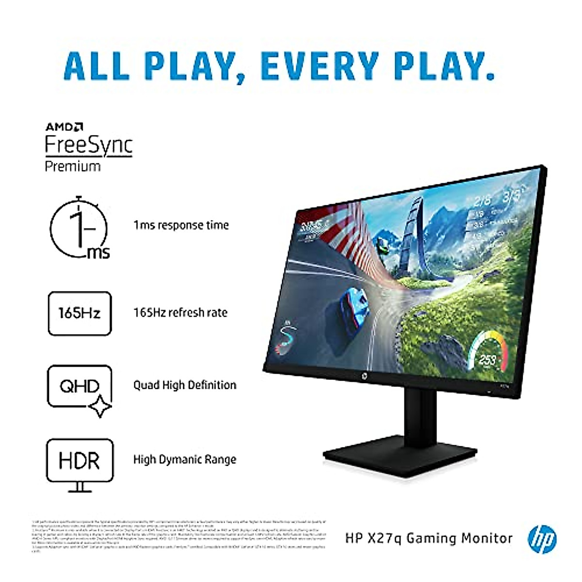 HP 27-inch QHD Gaming with Tilt/Height Adjustment with AMD FreeSync Premium Technology (X27q, 2021 model)