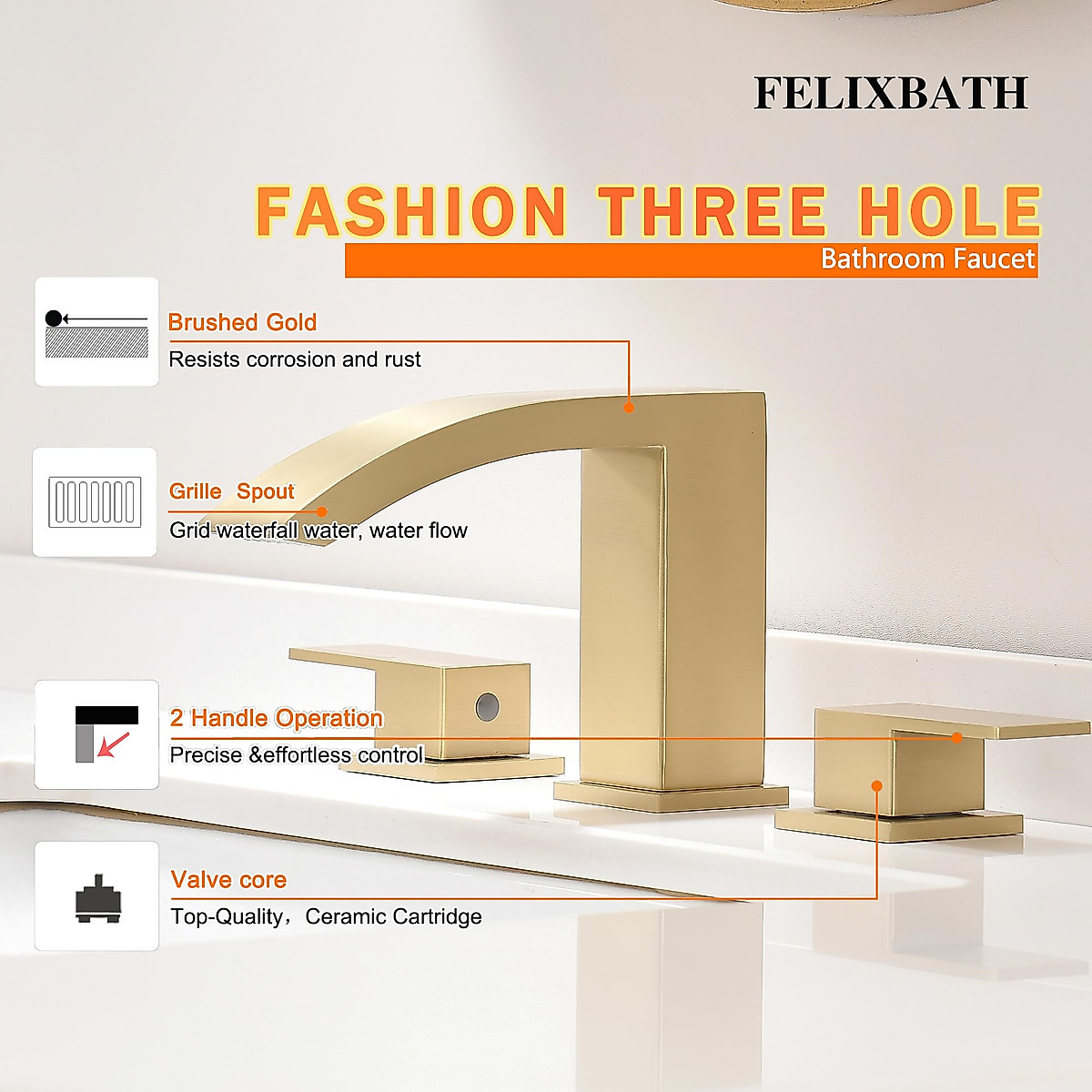 FELIXBATH Waterfall Bathroom Sink Faucet, 3 Holes Two Handles Bathroom Faucet with Pop Up Drain and 2 Water Supply Lines, 8 inch Widespread Bathroom Sink Faucet Brushed Gold