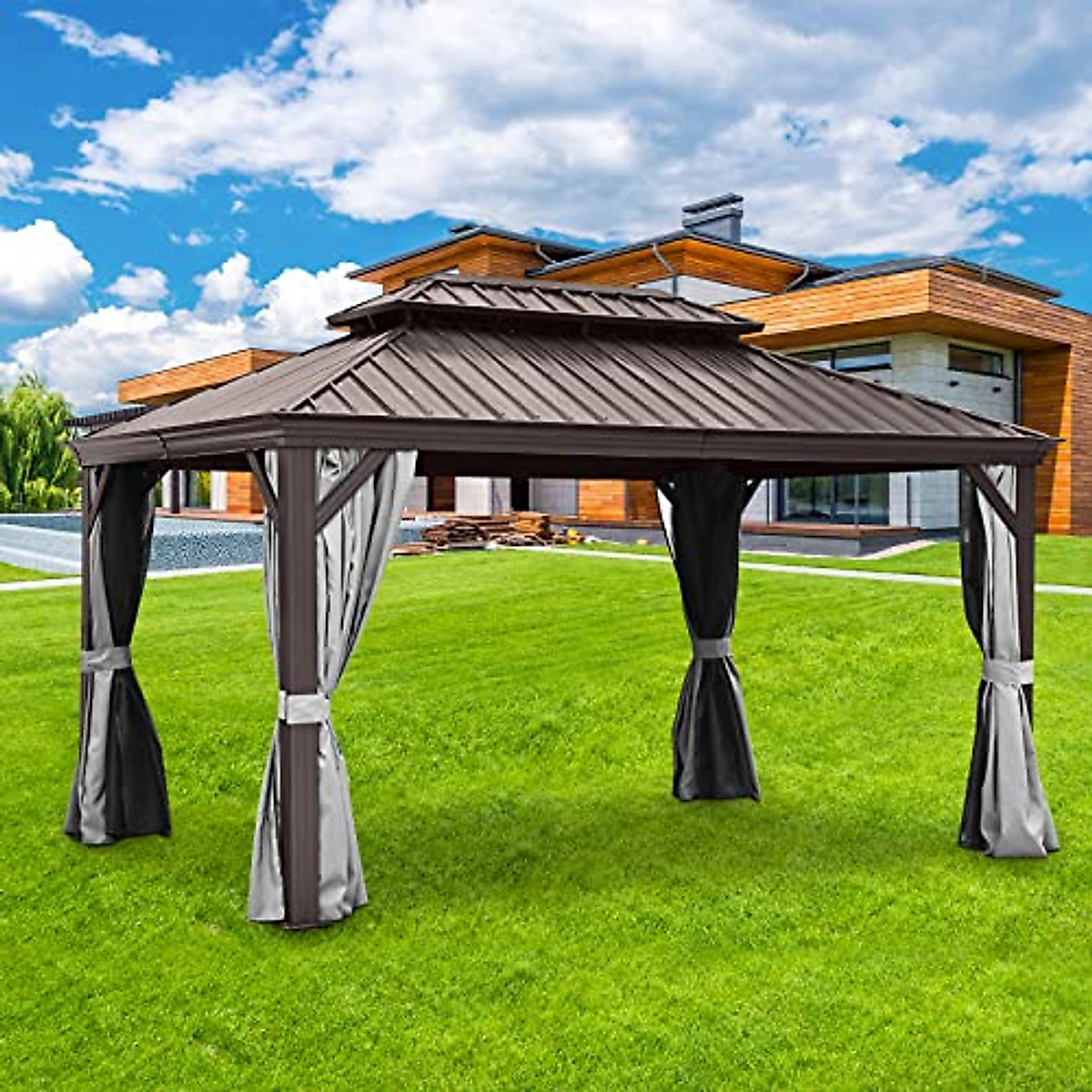 OUTMOTD Double Hardroof Gazebo with Netting and Shaded Curtains, Outdoor Gazebo 2-Tier Hardtop Galvanized Iron Aluminum Frame for Patio, Backyard, Deck and Lawns, Parties (10x14)
