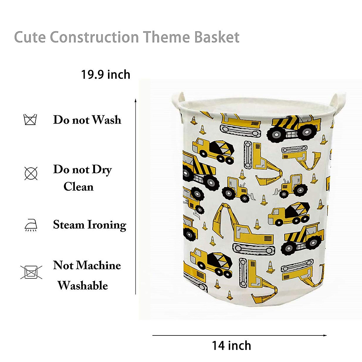 Runtoo 19.7" Large Sized Laundry Hamper Waterproof Foldable Canvas Construction Transports Theme Bucket Clothing Laundry Basket with Handles for Storage Bins Kids Room Home Organizer Nursery Storage