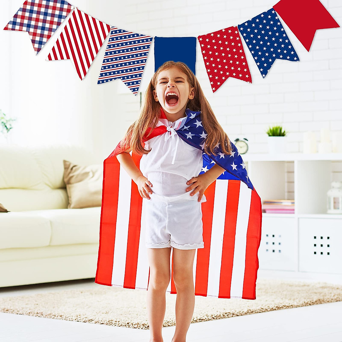 Whaline 8Pcs Patriotic Cotton Fabric Bundles Red Blue White Star Stripe Fat Quarters 4th of July Quilting Patchwork for Independence Day DIY Handmade Craft Party Decor, 10 x 10 Inch