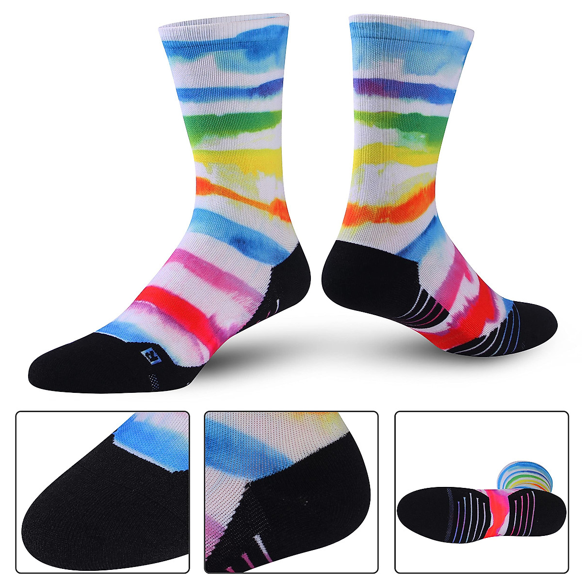 HUSO Rainbow Cycling & Hiking Funky Socks for Men Women, Cool Stripe Biking Art Design Moisture Wicking Crew Socks 4 Pairs (Multicolored, L/XL)