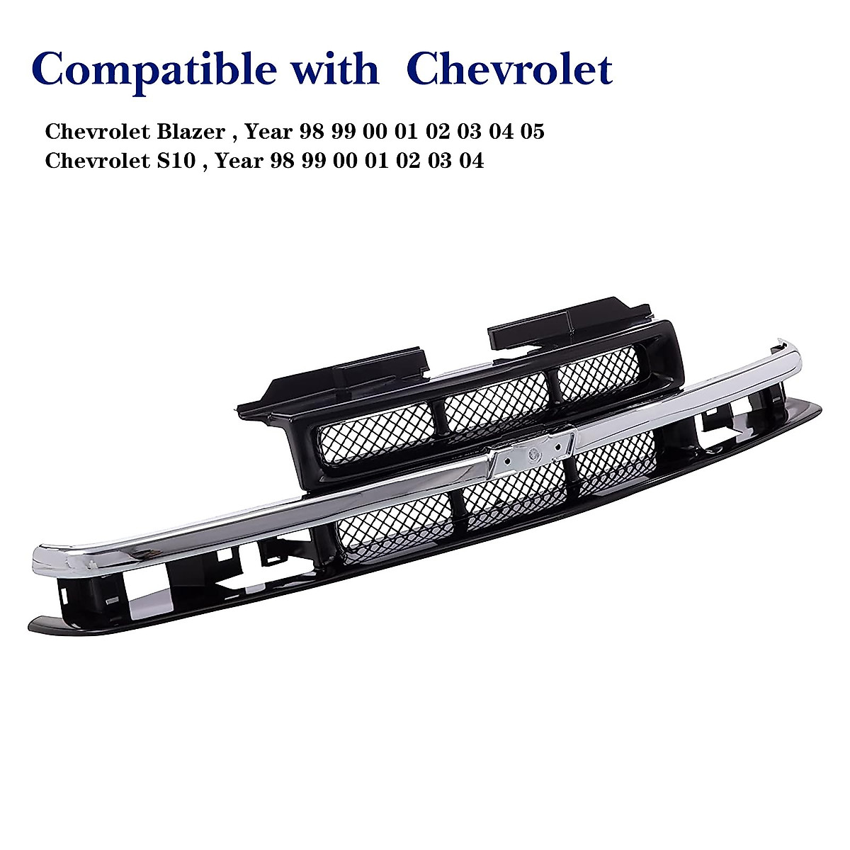 JustDrivably Front Grille Grill Compatible With Chevrolet 1998-2005 Blazer | 1998-2004 S10 Pickup Truck (Chrome Bar With Black Insert)