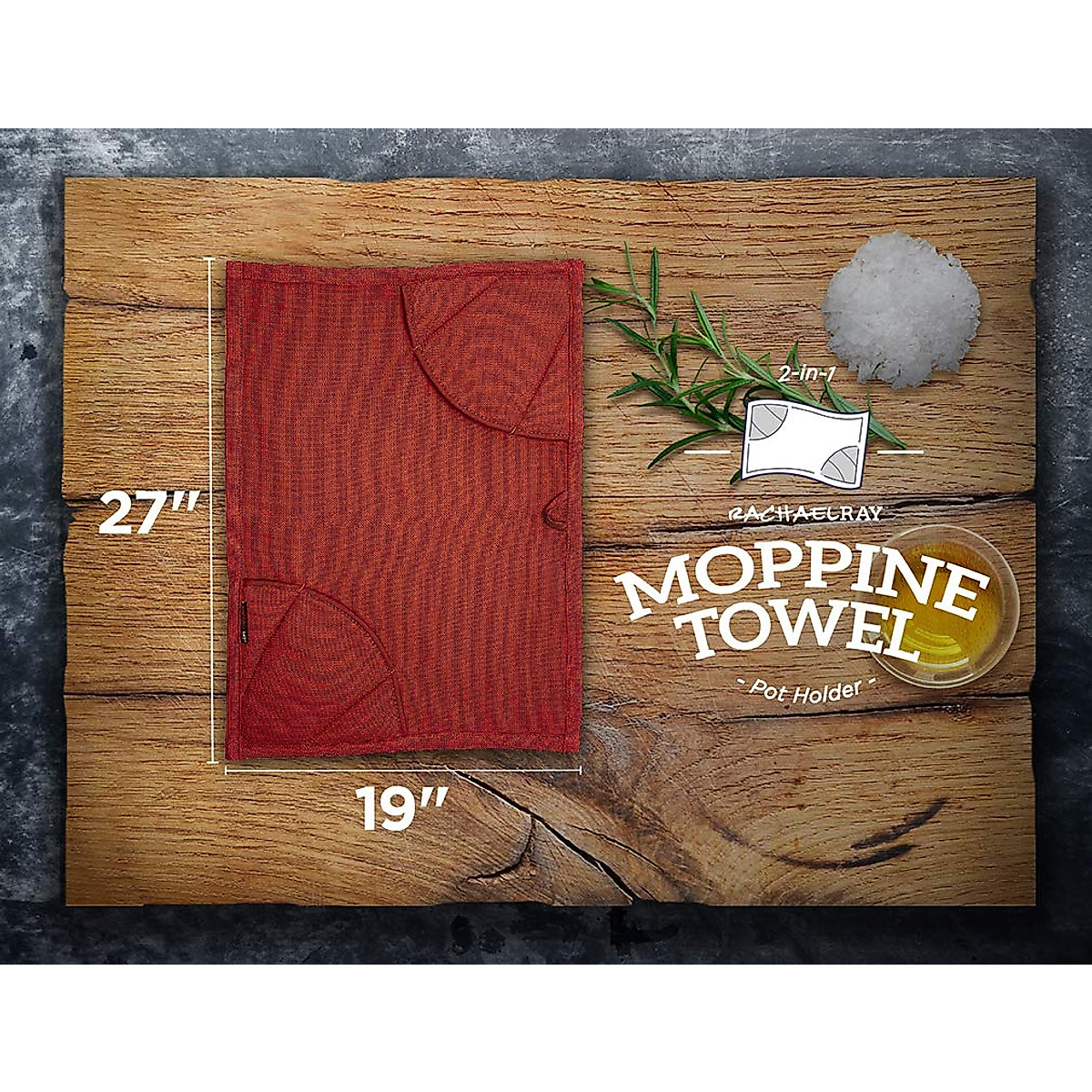 Rachael Ray Moppine Towel, 2pk- 2-in-1 Kitchen Towel and Pot Holder with 2 Heat Resistant Pockets to Grip Hot Cookware, Bakeware-Absorbent Kitchen Towels Perfect for Drying Dishes and Hands, Brick Red
