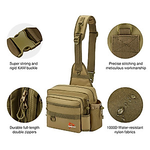 Piscifun Fishing Tackle Bag with Rod & Gear Holder, Lightweight Sling Tackle Storage Bag, Water-Resistant Cross Body Sling Bag with D-Rings and Waist Strap, Khaki