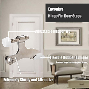 Enconker Hinge Pin Door Stopper Satin Nickel 4 Pack, Adjustable Head Screw Heavy Duty Wall Protectors from Door Knobs, Convenient Easy Installation Rubber Bumper Tips Prevent Wall Damage