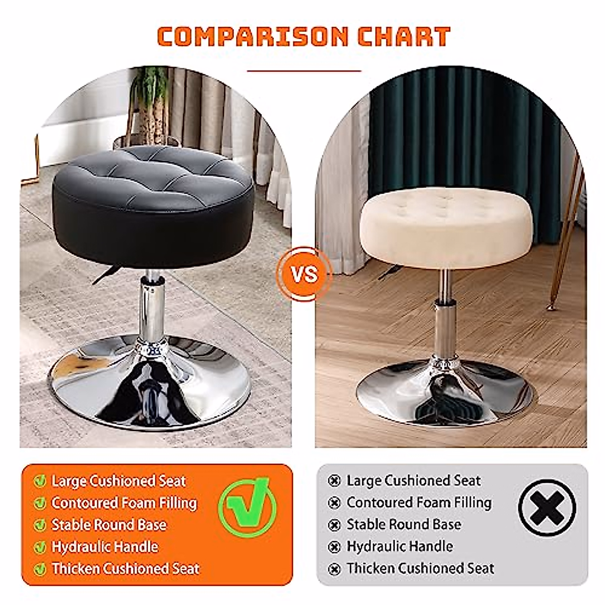 Furniliving PU Leather Vanity Chair, 360° Swivel Makeup Chair Adjustable Height Vanity Stool for Makeup Room, Round Modern Ottoman Stool Chair, Small Stool for Living Room, Bedroom, Black