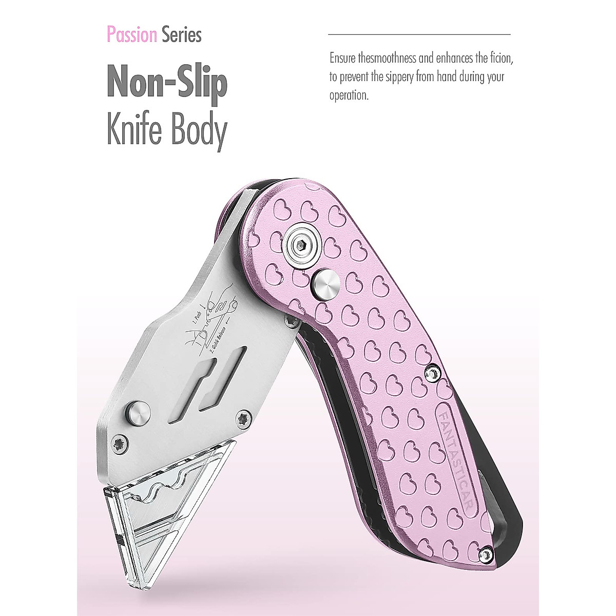 FantastiCAR Pink Folding Box Cutter, Unique Utility Knife Metal Body and Advanced Gift Package, with Extra Blades