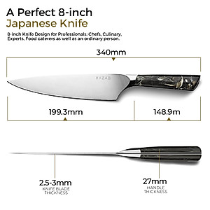 Razab Japanese 8 inch Chef Knife - Professional Kitchen Knives Forged with High Carbon Japanese Stainless Steel Ultra Sharp Chefs Knife with Anti-Corrosive Ergonomic Handle - Slope Bolster Design