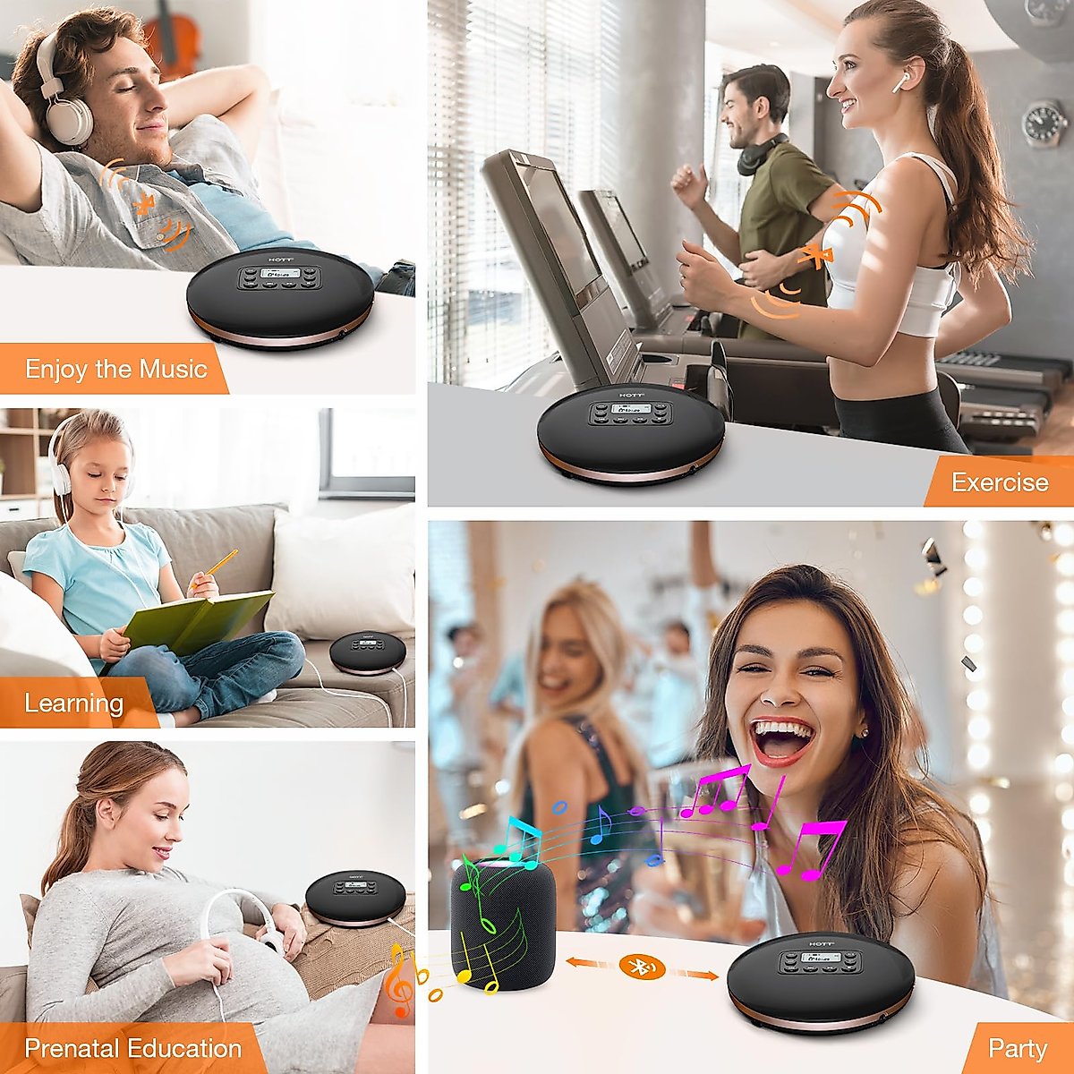 HOTT CD Player Portable with Bluetooth, Portable CD Player, CD-R,MP3 USB Rechargeable Walkman CD Player with Headphones and AUX Cable for Car Travel, Discman CD Player with Shockproof （CD711T）