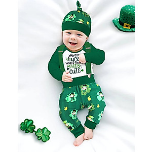 Queenstyle St Patricks Day Baby Boy Outfitt 3-6 Months My First St Patricks Day Baby Boy Outfit Romper Suspender Pants Print Hat 3Pcs Set