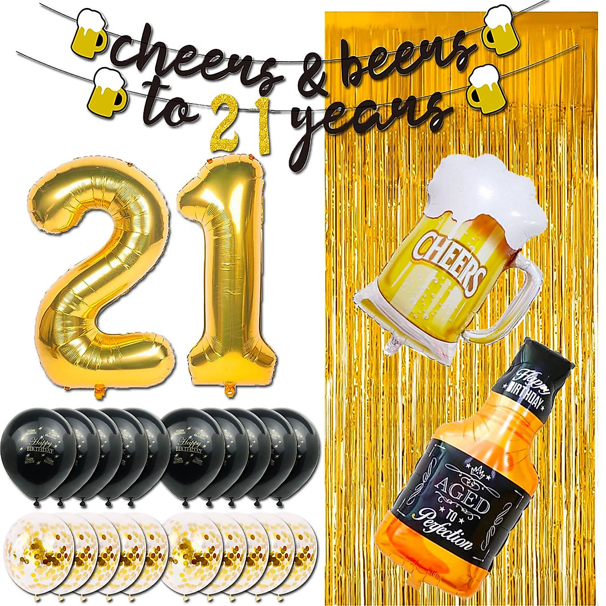 40th Birthday Decorations for Men Women, Cheers and Beers to 40 Years Banner Black and Gold Anniversary Birthday Party Decorations with Beer Mug Balloon Confetti Balloons Backdrop Fringe Curtain