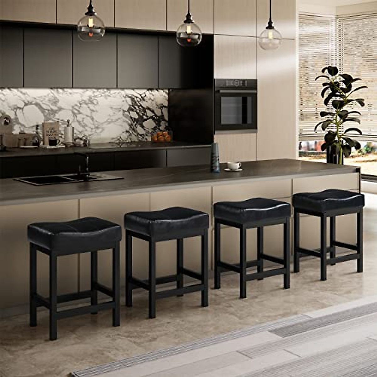 KATDANS Bar Stools Set of 2 - Counter Height Stools - 24 Inch Saddle Stool - PU Leather Kitchen Stools - Black Seat - Black Metal Base, KS861P-Black