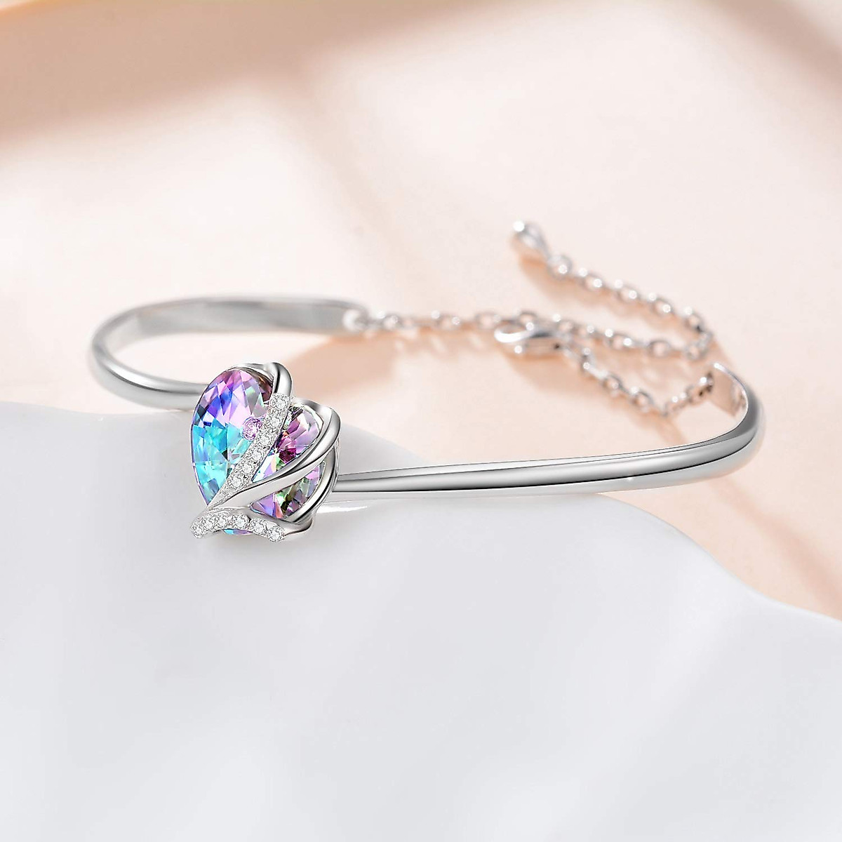 AOBOCO Love Heart Bangle Bracelet Sterling Silver Women Bracelet Embellished with Blue-purple Crystals from Austria, Fine Anniversary Birthday I Love You Jewelry Gifts for Wife Girlfriend Daughter